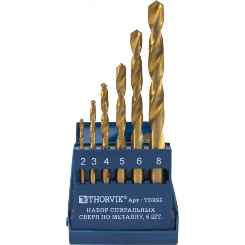 Набор сверл по металлу HSS TiN в пластиковом кейсе, d2.0-8.0 мм, 6 пр ...